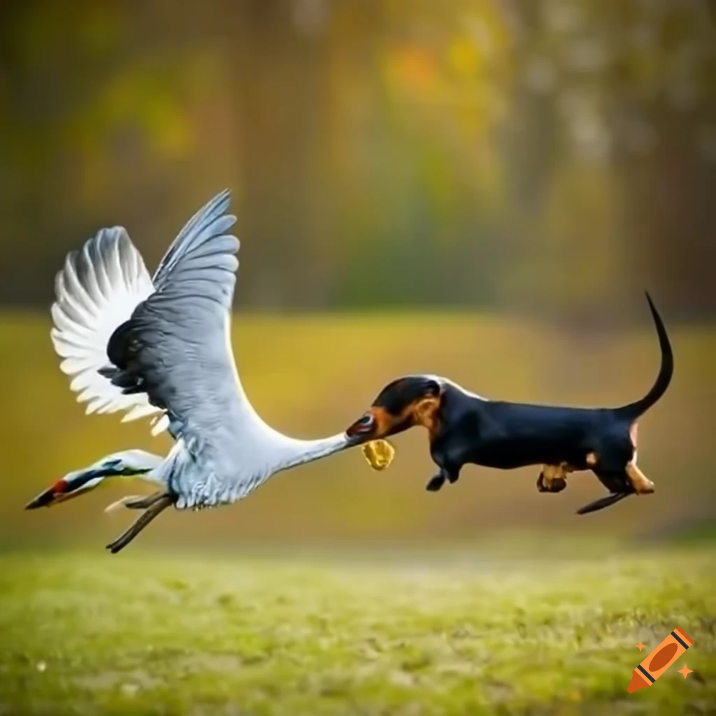 Crane bird attacking dachshund dog on Craiyon