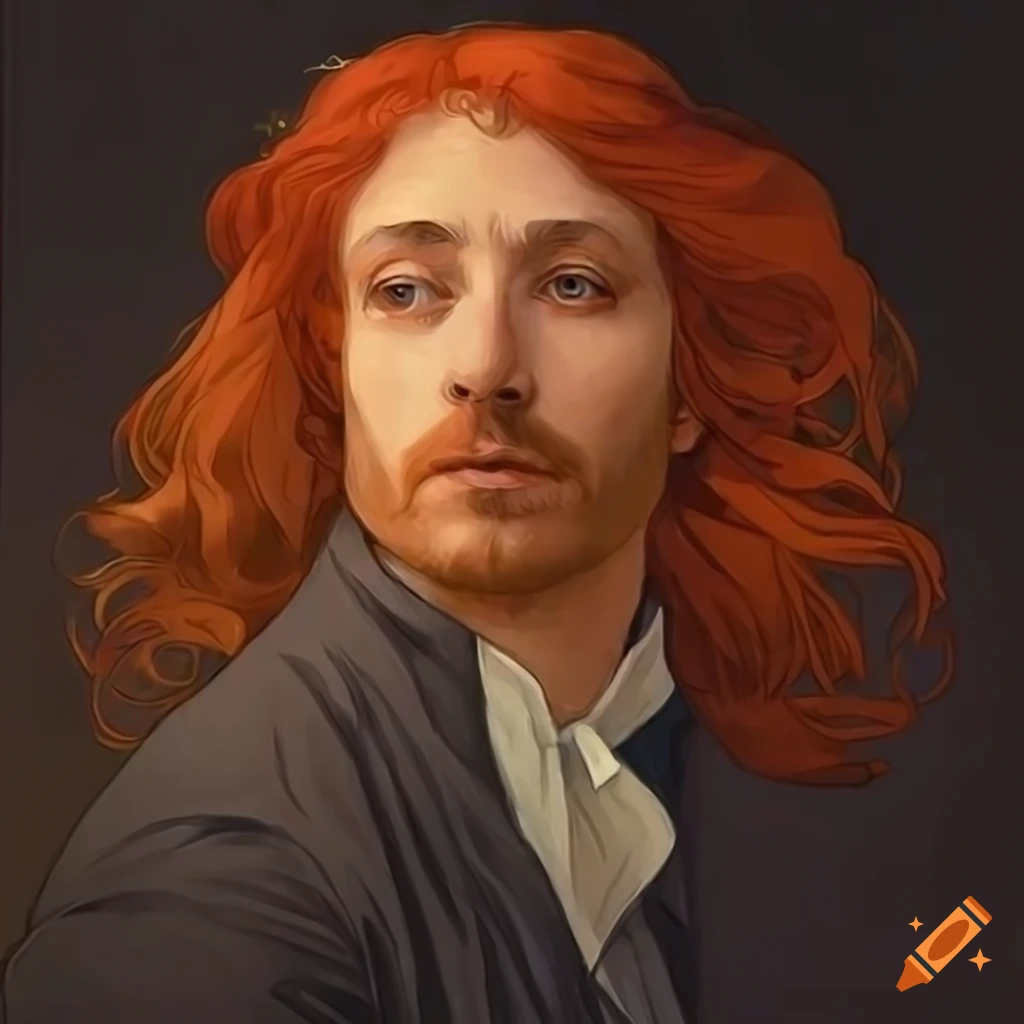 Portrait of a handsome European man with dark-colored eyes, red wavy ...