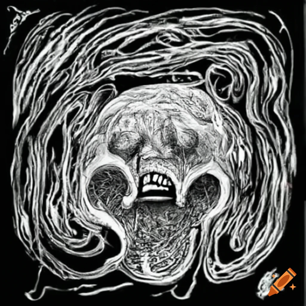 Crying featureless gray blob monster in a dark and creepy dadaism ...