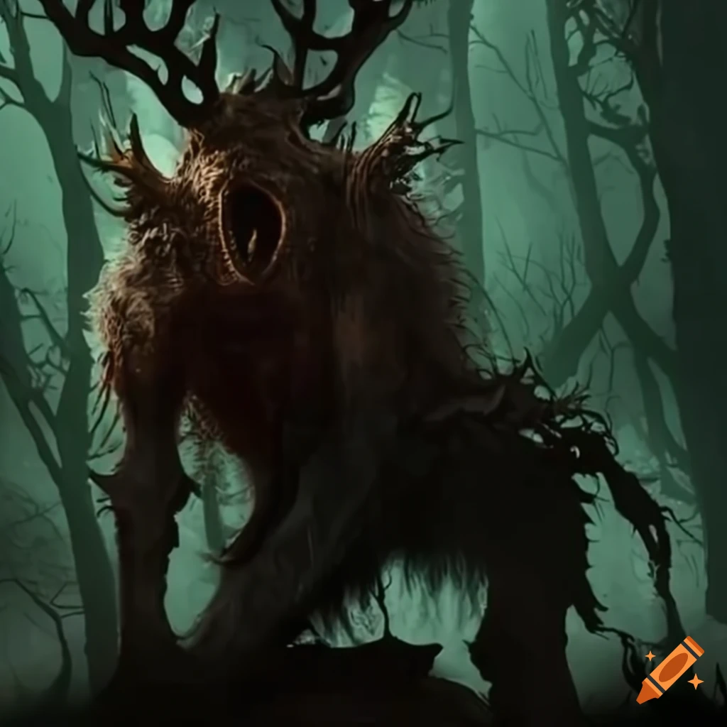 Monstrous creature with antlers fighting a knight in the Black Forest ...