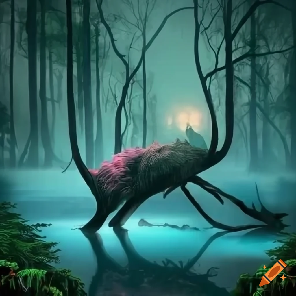 Mutant and surreal animals in a strange forest with exotic flowers ...