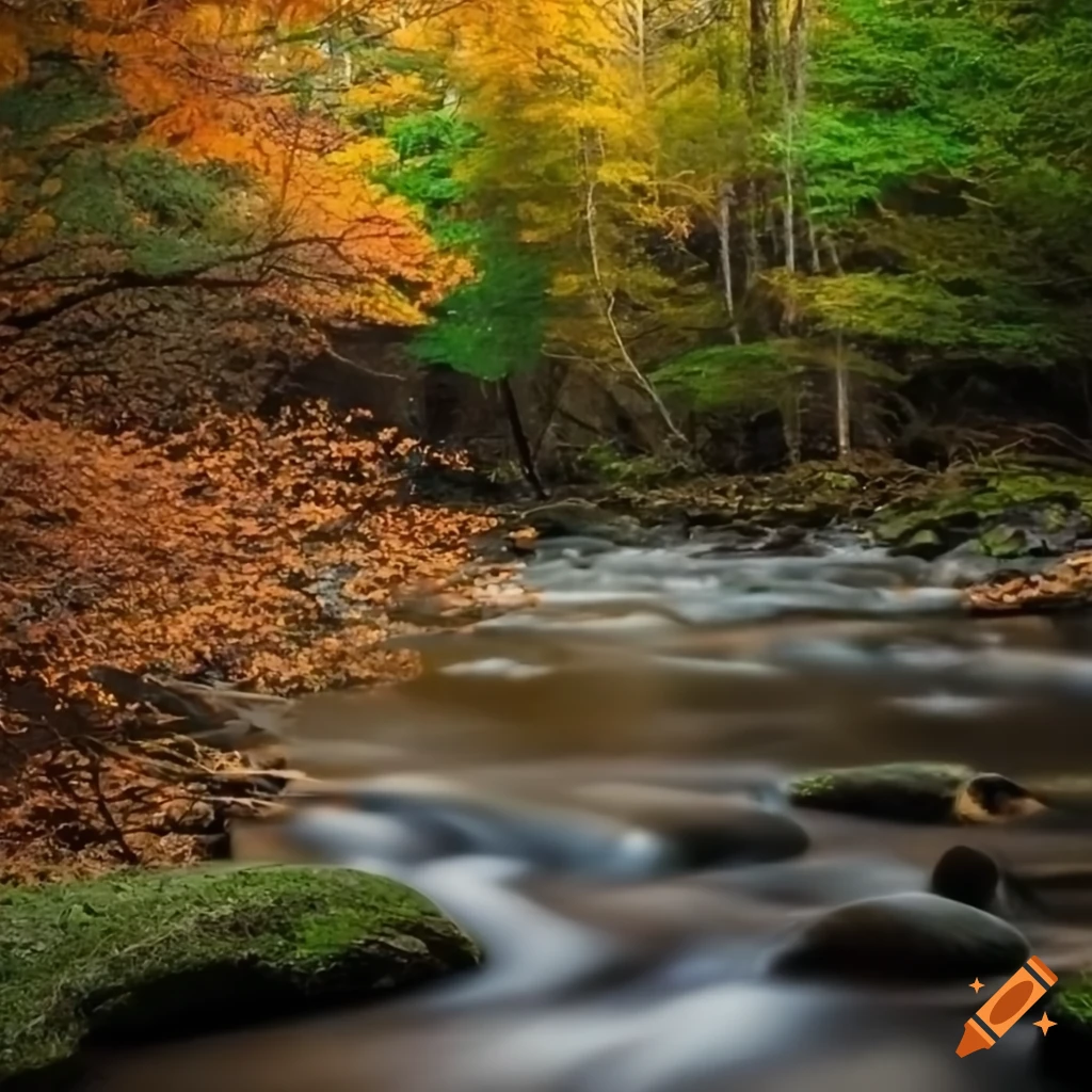 Forest with a leaf dropping into a brook, signifying fall on Craiyon