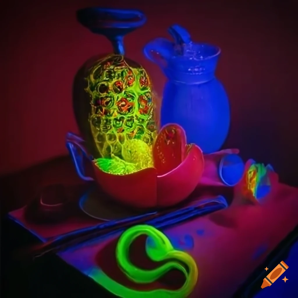 Neon still life painting inspired by willem kalf on Craiyon