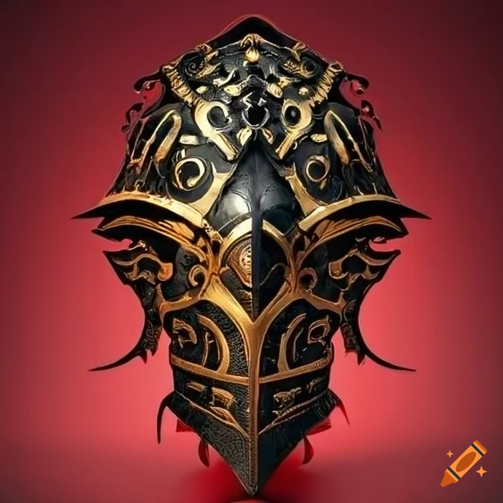 Intricate black, gold, and red arm armor design on Craiyon