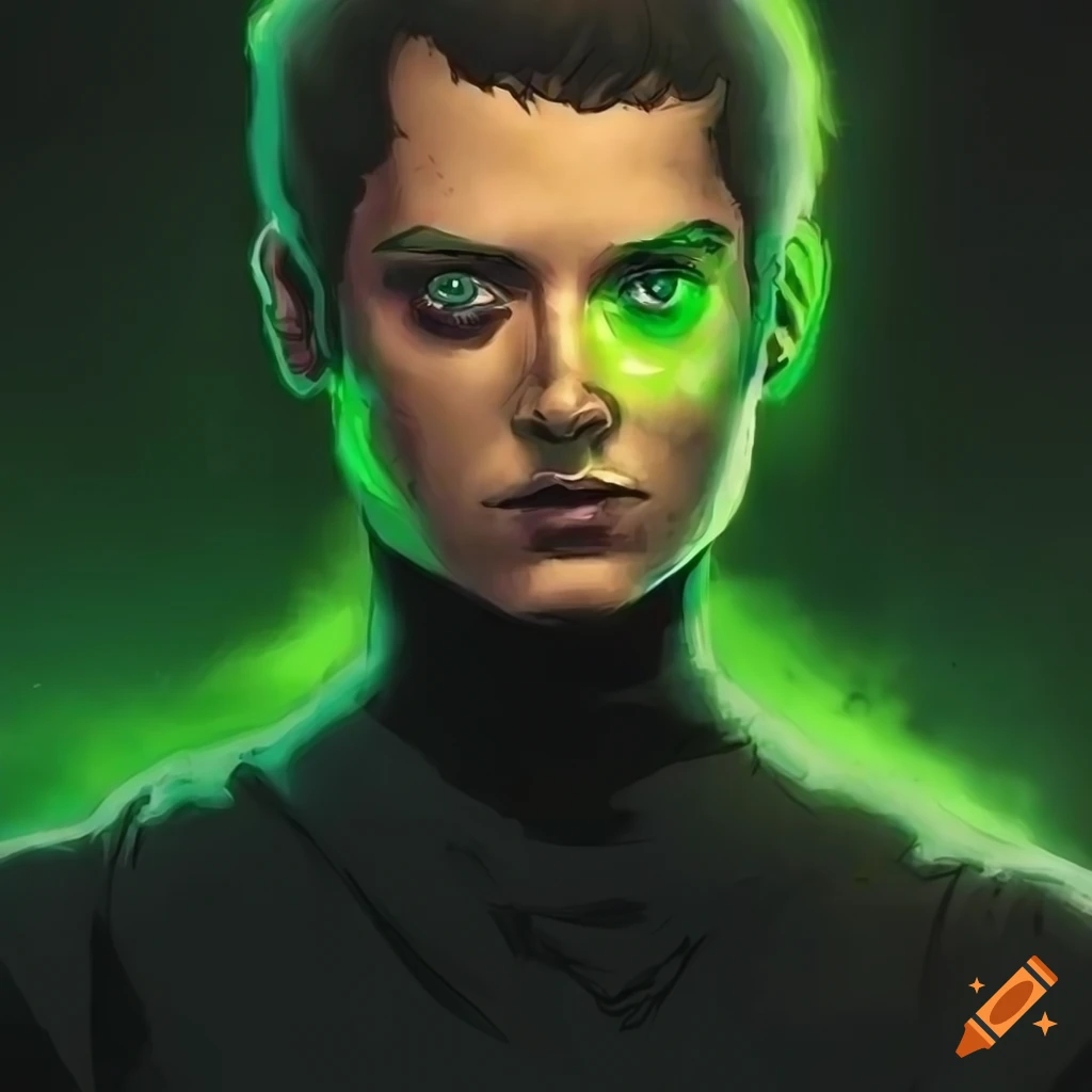 Comic art of The Witness with green flame aura in DC style on Craiyon