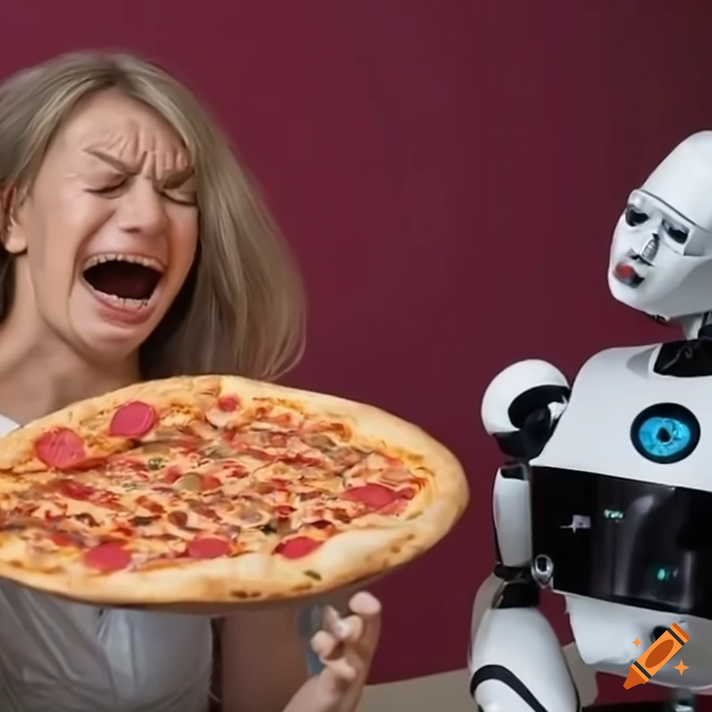 Robot crying over pizza while woman laughs on Craiyon