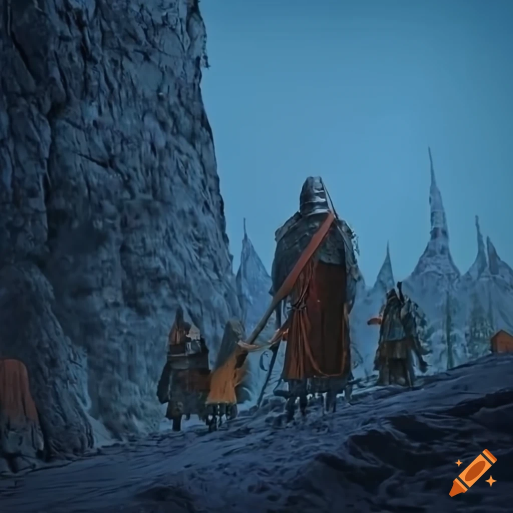 Medieval soldiers and wizards in chainmail armor looking at distant ...