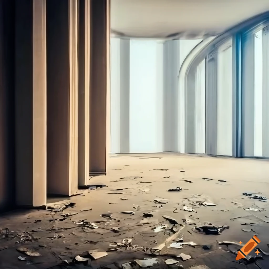 Abandoned modern lobby with sheer curtains overlooking futuristic city ...