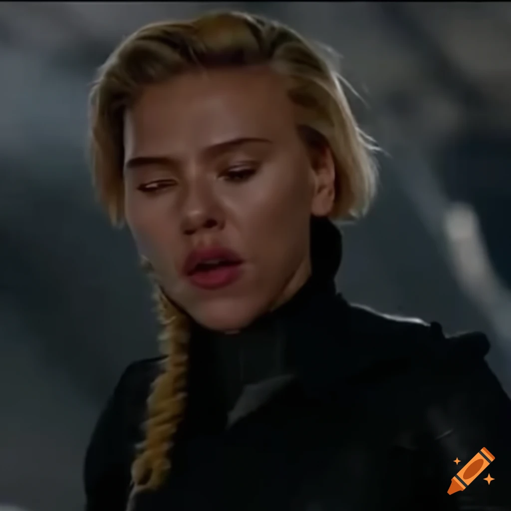 Scarlett Johansson fighter looking weary and bruised in a movie fight scene on Craiyon