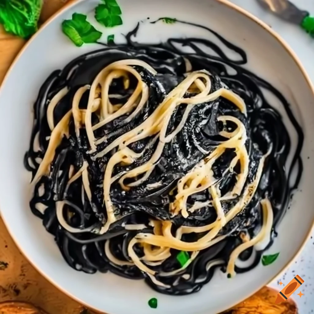 Black spaghetti in white alfredo sauce on Craiyon