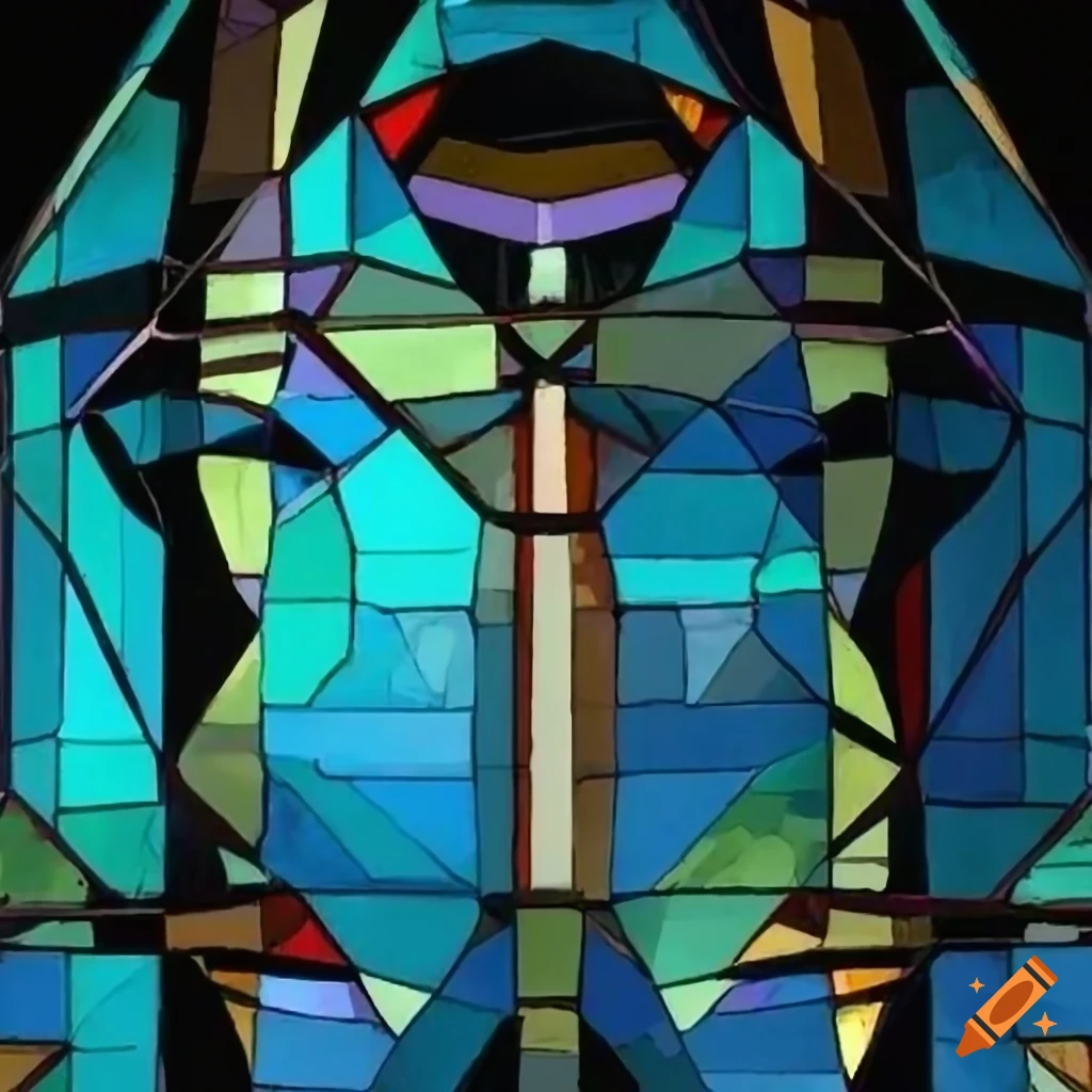 Stained glass drawing featuring various geometric elements on Craiyon
