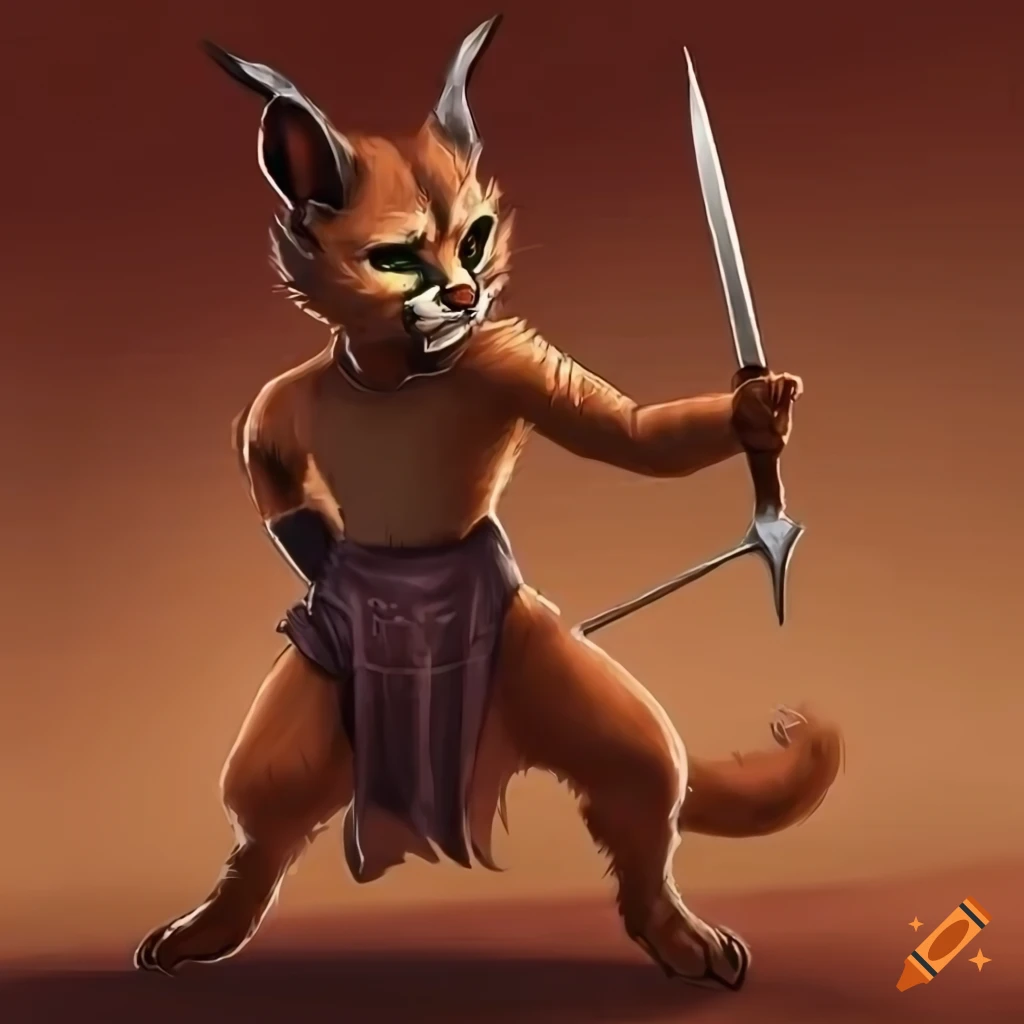 Anthro caracal young male with short sword in a desert town on Craiyon