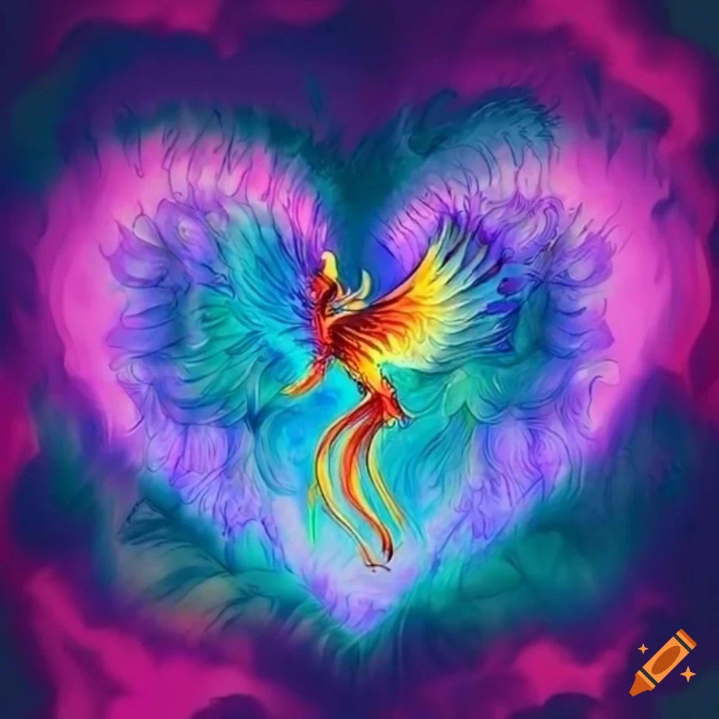 Phoenix in the shape of a heart drawing on Craiyon