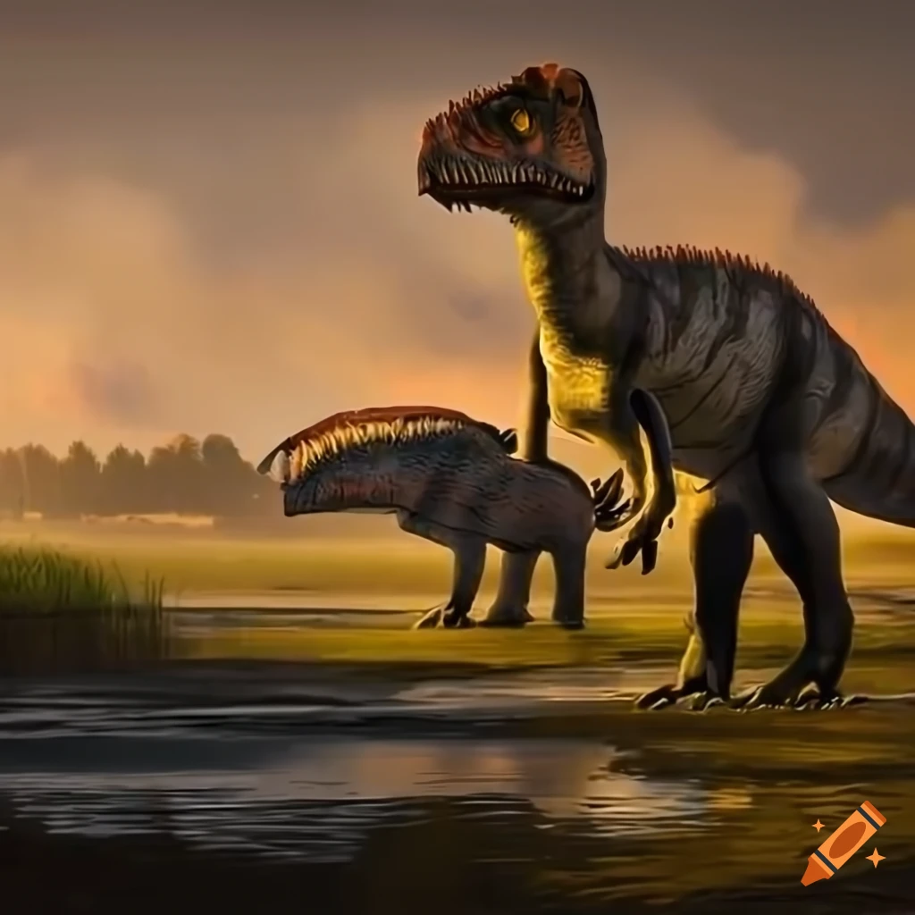Three Hadrosaurus dinosaurs by a river in warm morning light, Andrey ...