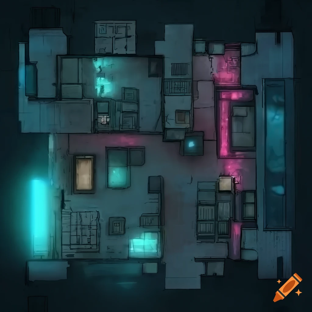 Top view map of a cyberpunkred nightclub basement with storage, hostage ...