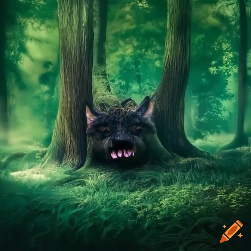 Mutant and surreal animals in a strange forest with exotic flowers ...