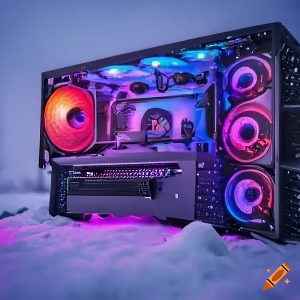 Gaming setup in the garden during a snowstorm on Craiyon