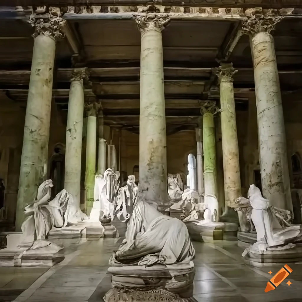 Galleon with white sails in an ancient Roman hall with people in ...
