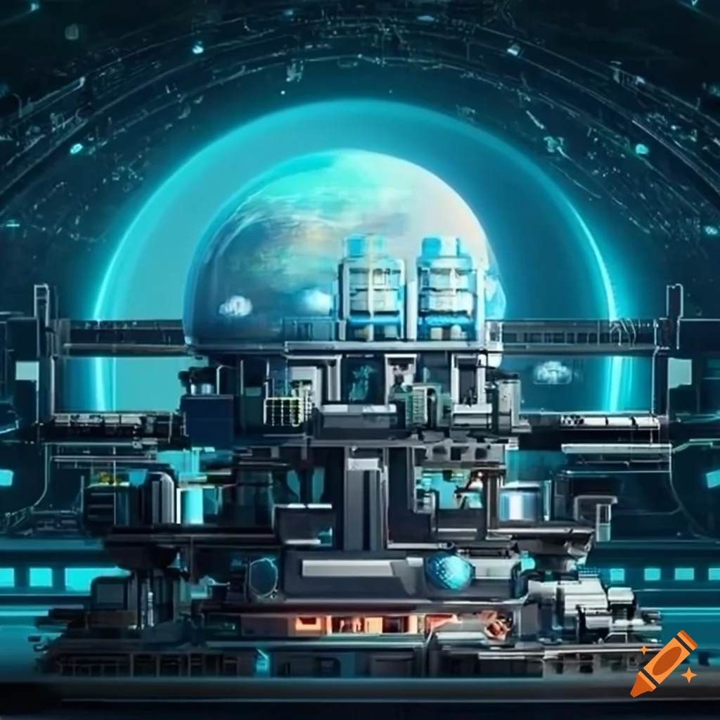 Futuristic factory on an alien planet with advanced technology and ...