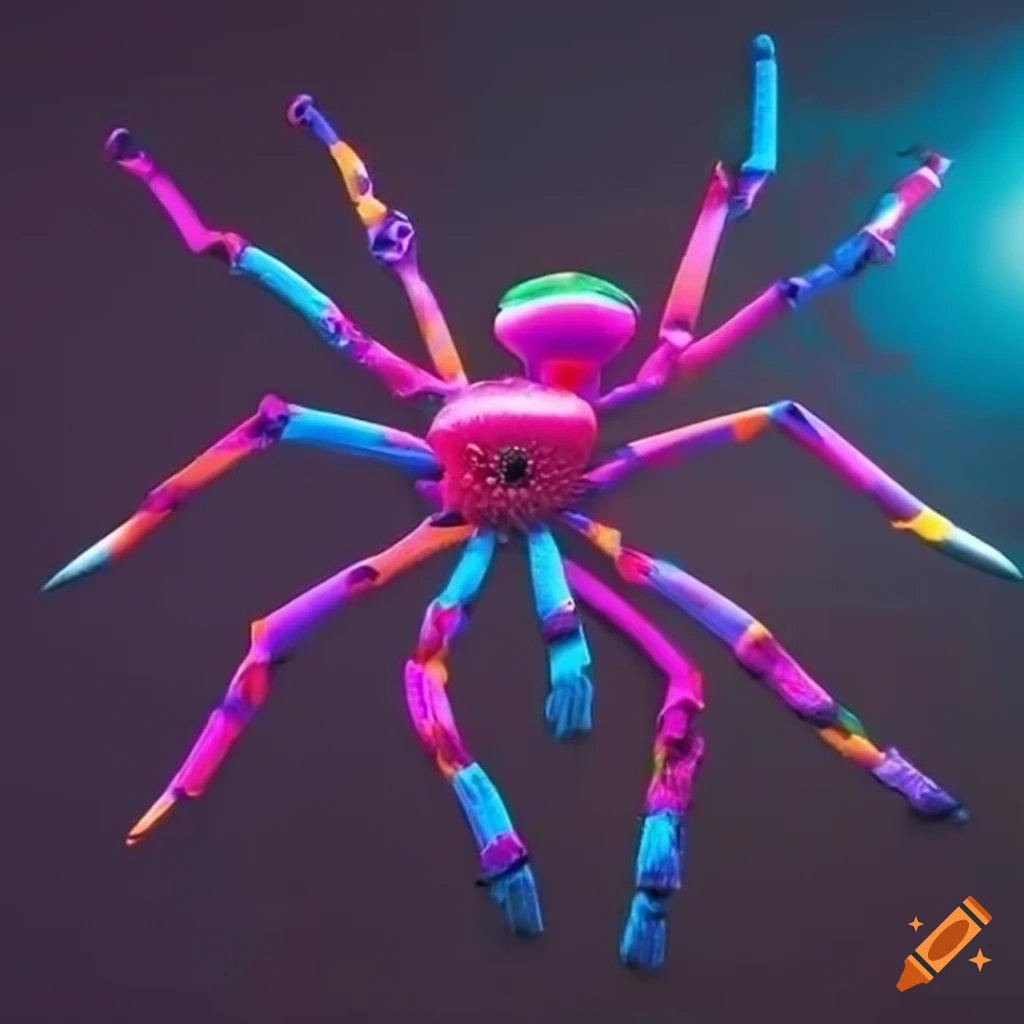Colorful spider made of hip hop symbols on neon background on Craiyon