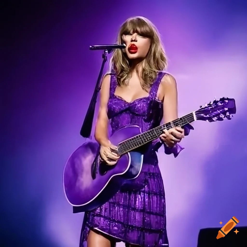 Taylor swift in a purple dress playing guitar at a concert on Craiyon