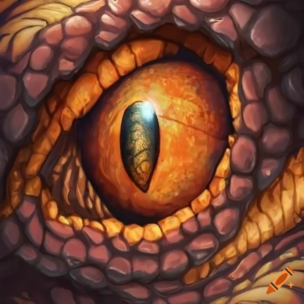 Orange reptile eye of a dragon with scales around it in a fantasy ...