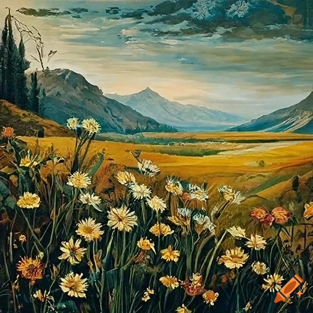 Intricately detailed realistic wildflower field painting in muted ...