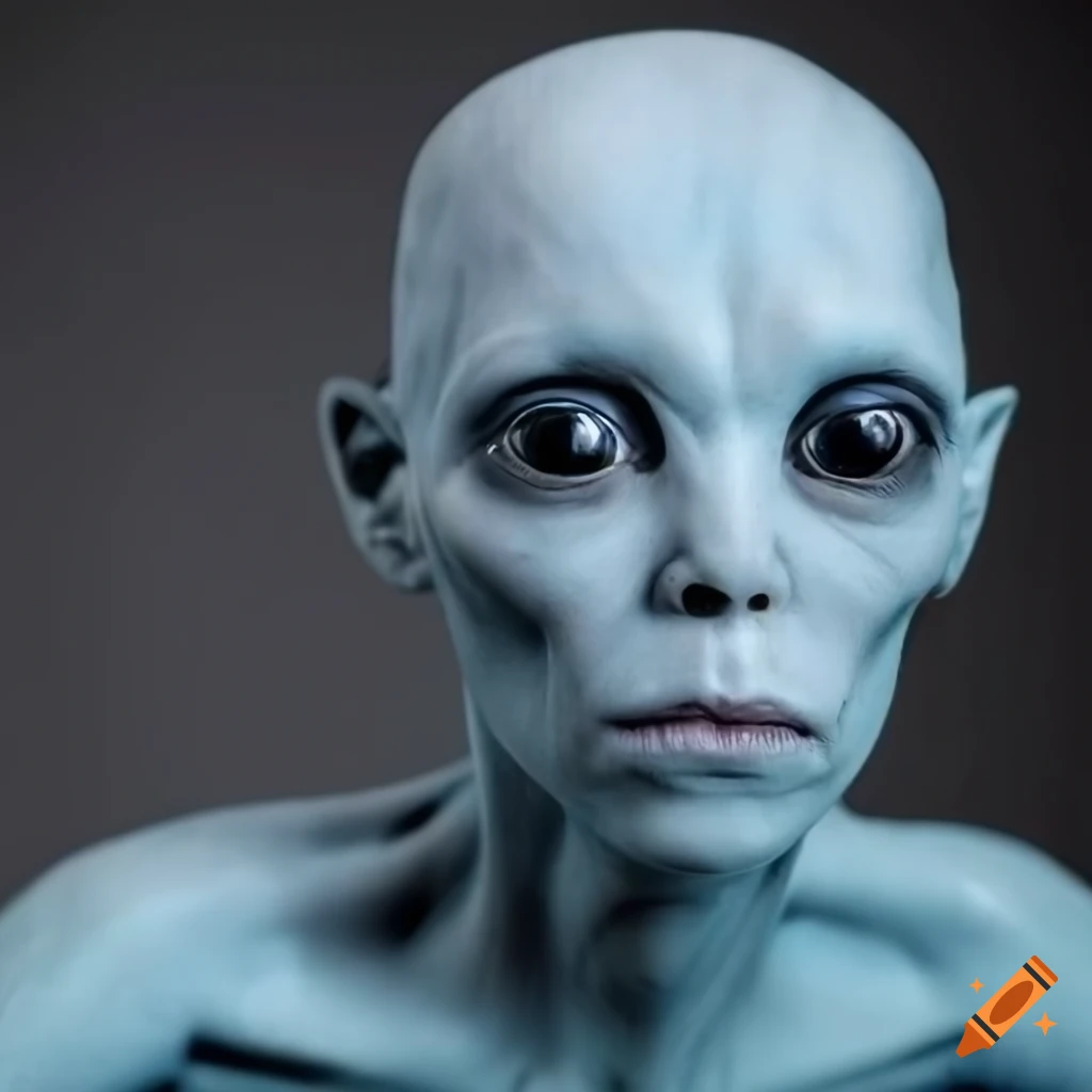 Realistic photo of a humanoid alien man with pointed ears and pale blue ...