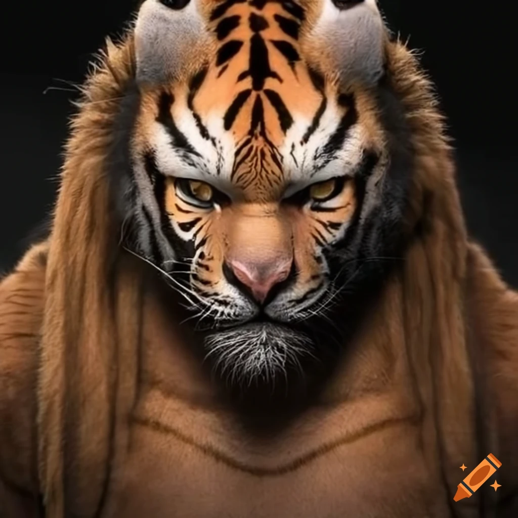 Mythical illustration of a sabretooth tiger with a human face on Craiyon