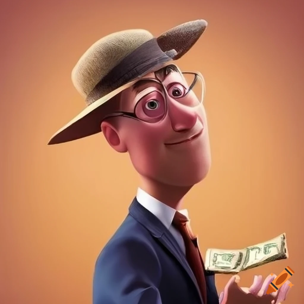Pixar movie poster featuring a posh man with money on Craiyon