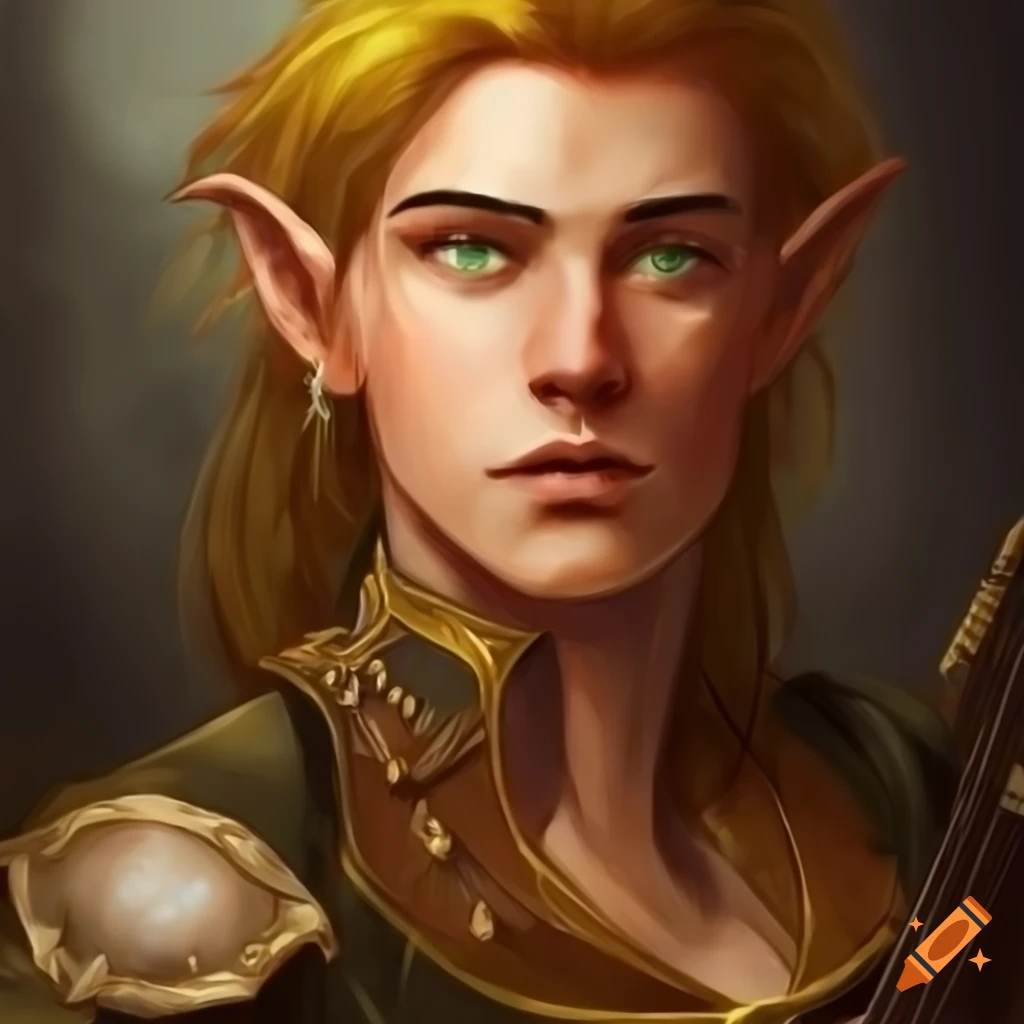 Handsome half-elf bard with lute playing music on Craiyon