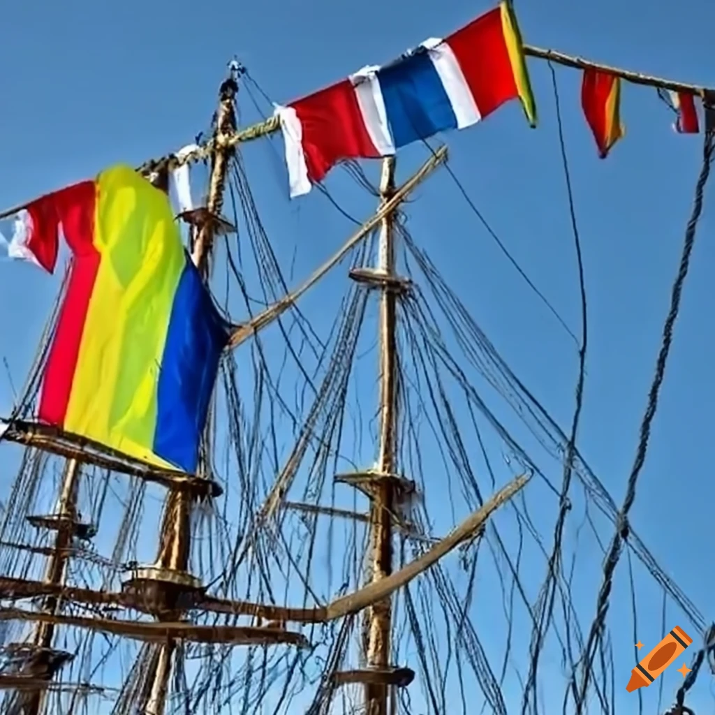 Various colored signal code flags on ropes of a pirate ship on Craiyon