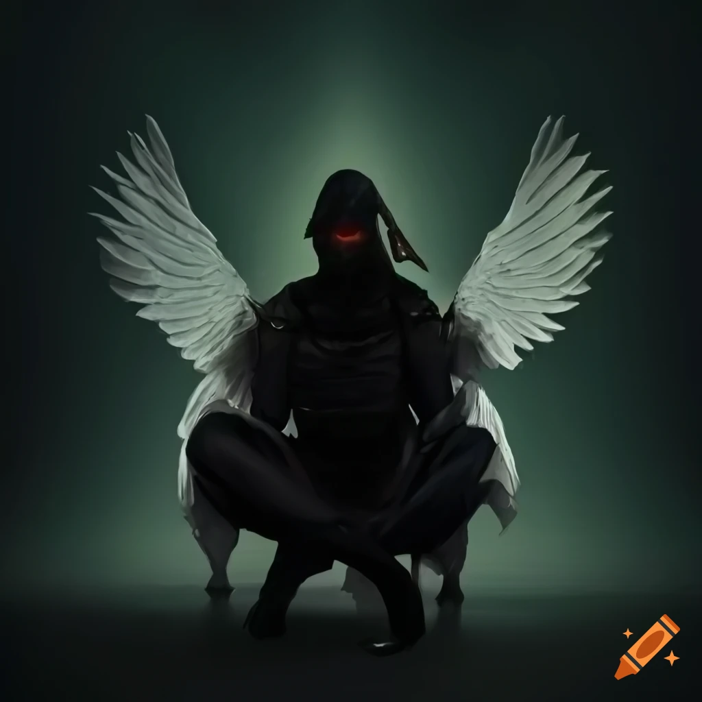 Mysterious ninja figure with angelic and demonic wings in dappled light ...