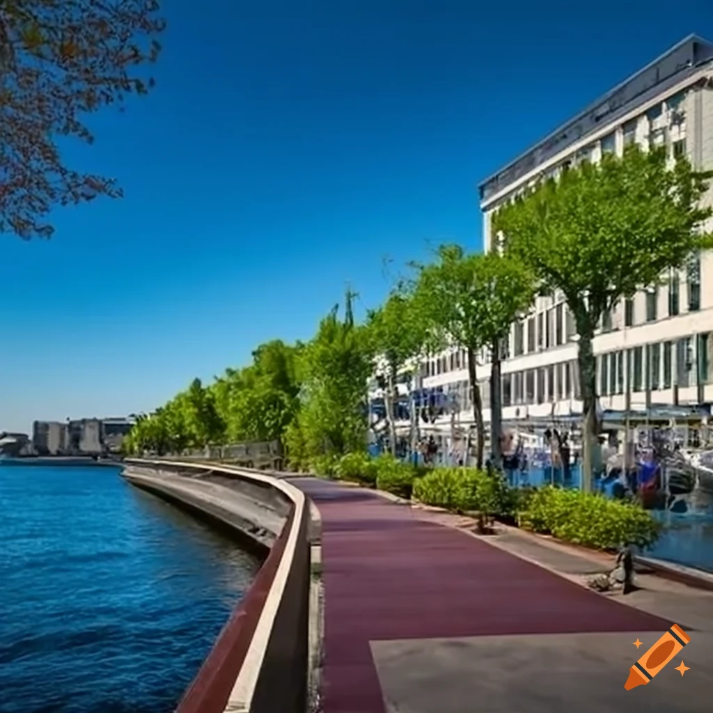 Vibrant waterfront with pedestrian walkways, bike paths, and solar ...