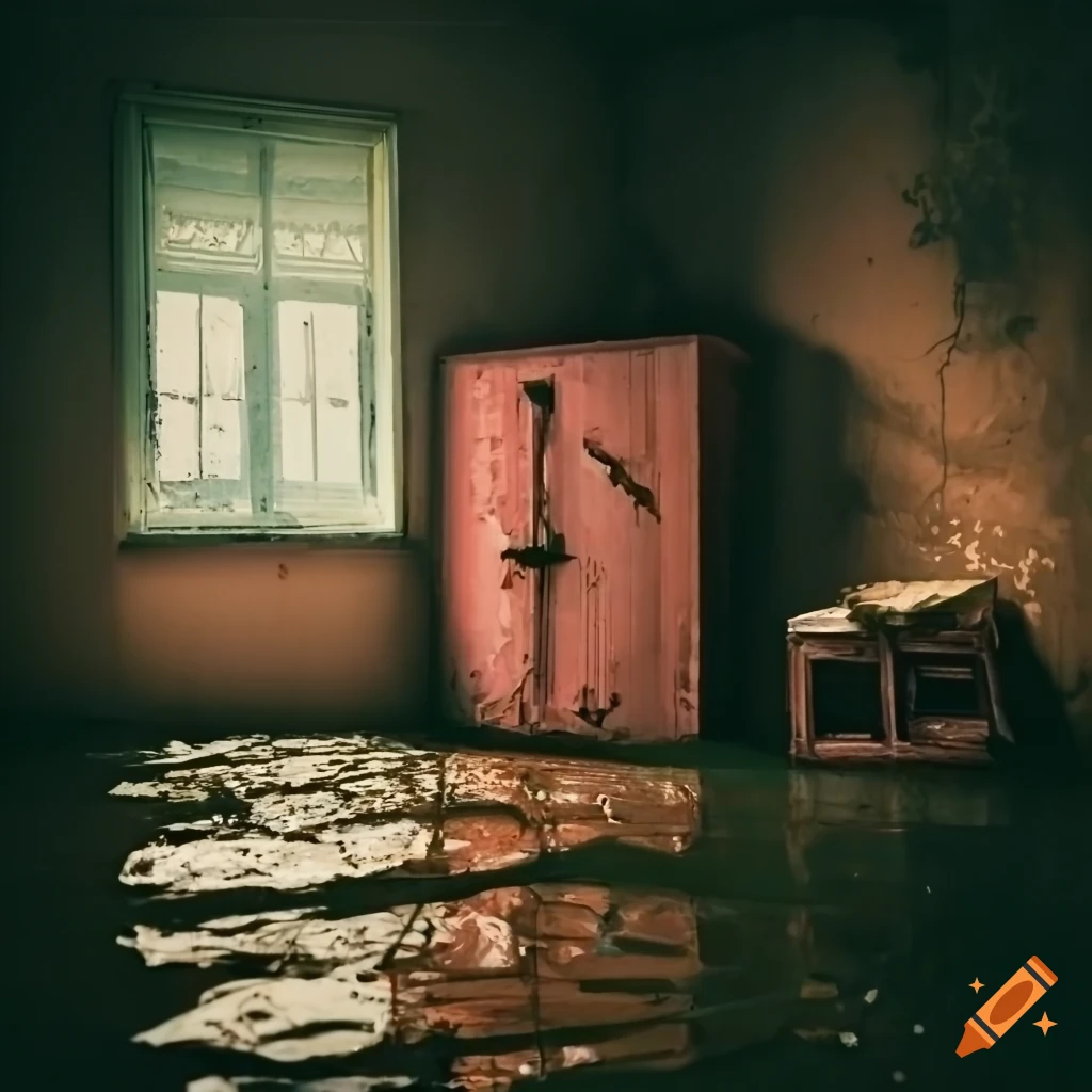 Abandoned flooded storage room with built-in cabinets and shelves on ...