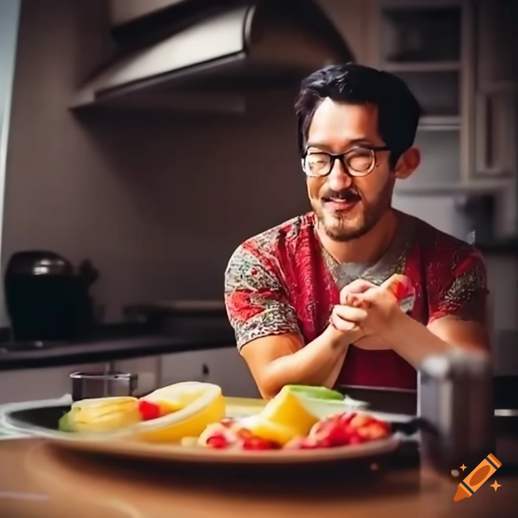 Markiplier cooking in a kitchen on Craiyon