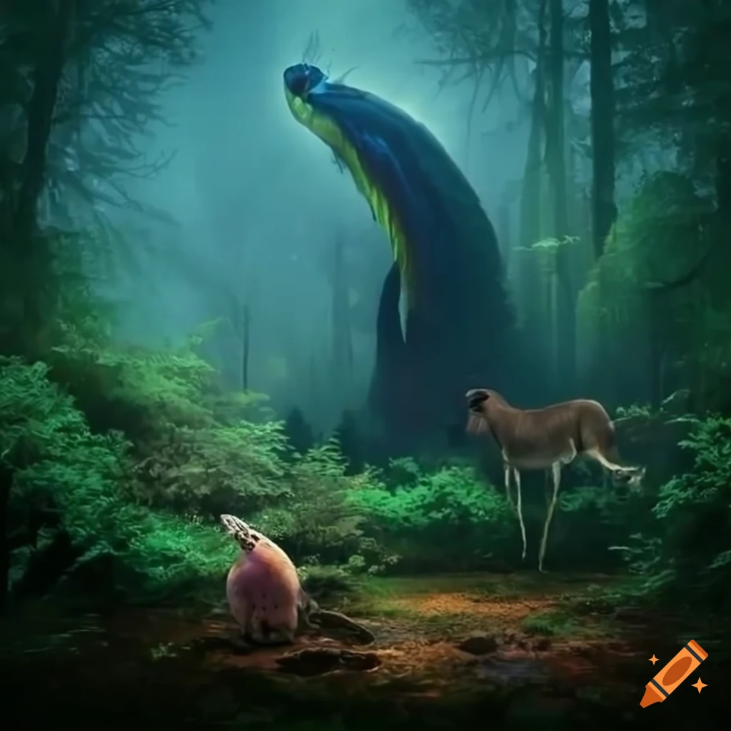 Surreal and whimsical animal mutants in a strange forest with exotic ...