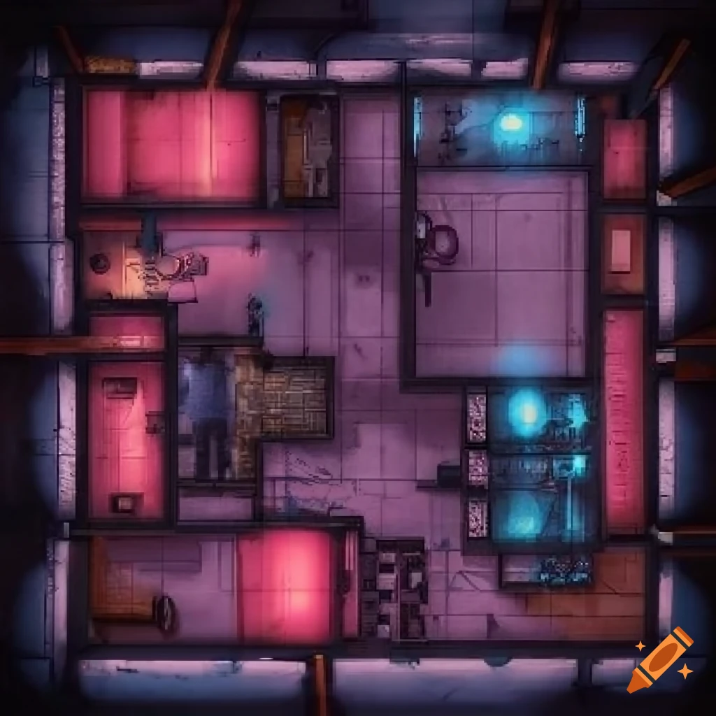 Top view battlemap for CyberpunkRED RPG set in a gang-run nightclub ...