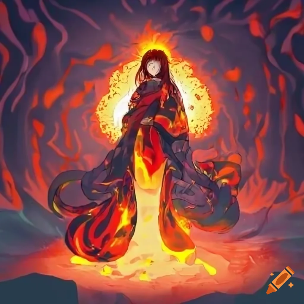 Anime-style depiction of the sun goddess amaterasu with hot lava on Craiyon