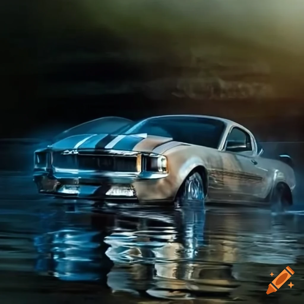 Mustang car driving through flood water on Craiyon