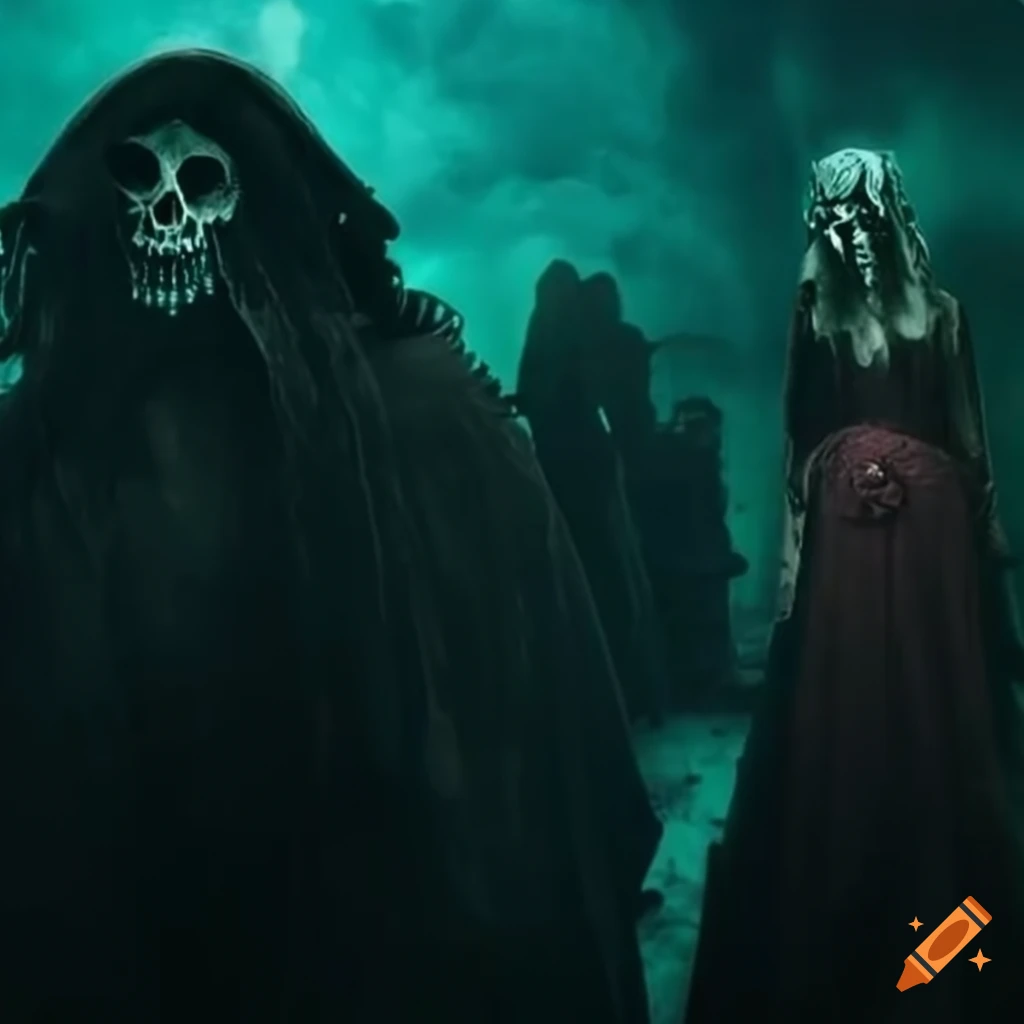 Undead crew on a glowing pirate ship in a horror movie poster on Craiyon