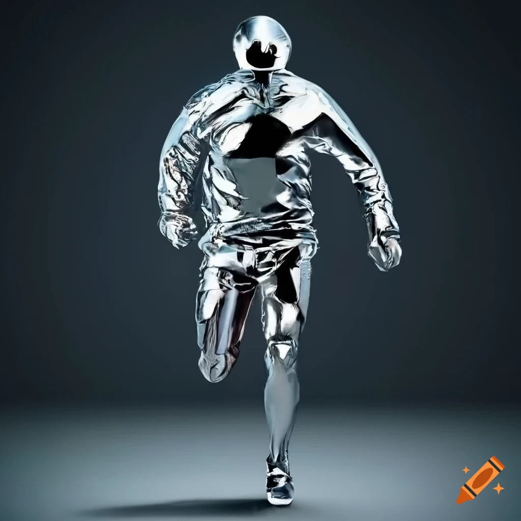 Man wearing chrome clothes running on Craiyon