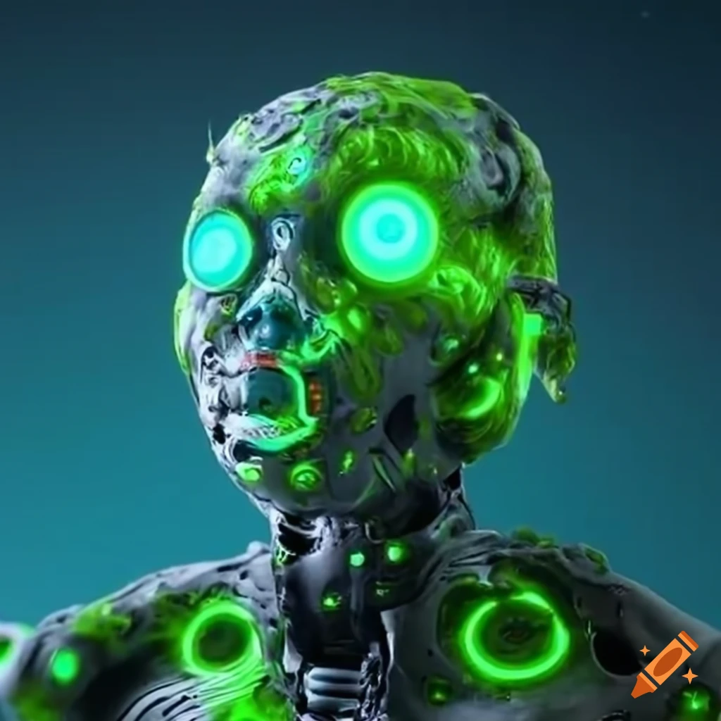 High-tech biopunk cyborg covered in glowing biopunk moss in a ...