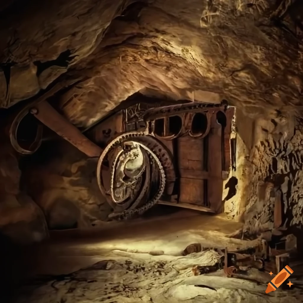 Scene of old steampunk machines in a cavern on Craiyon
