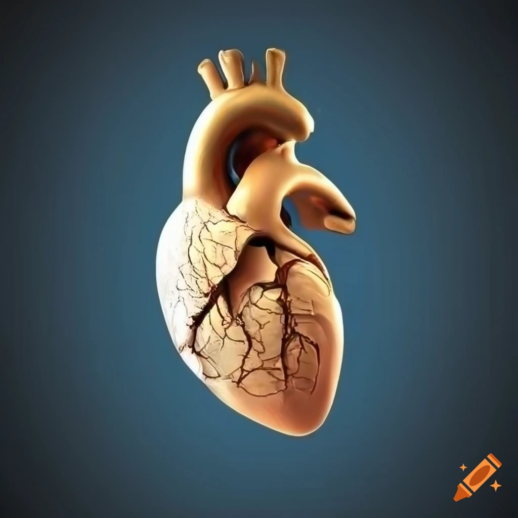 Anatomically accurate human heart with visible cracks in white and gold ...