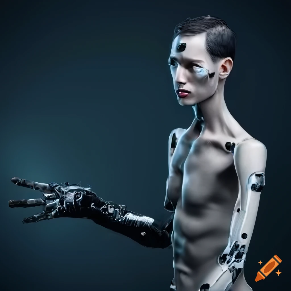 PhotoRealistic image of a skinny male cyborg with a puppet hand in a ...