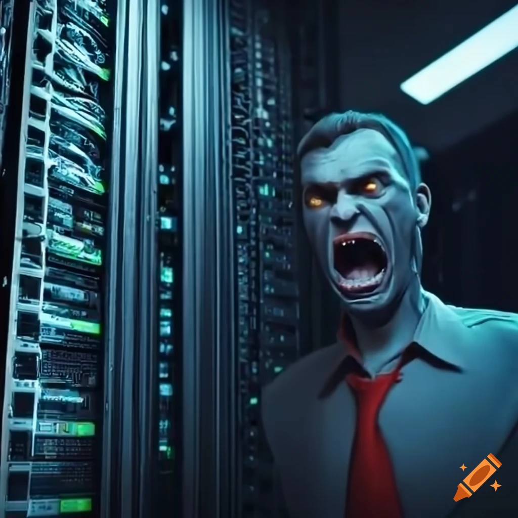 Frustrated IT system administrator in front of a server rack with ...