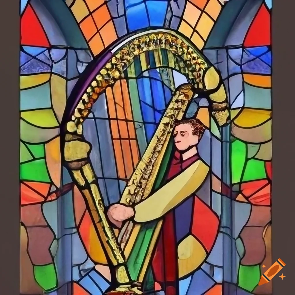 Stained glass depiction of a male playing a harp on Craiyon