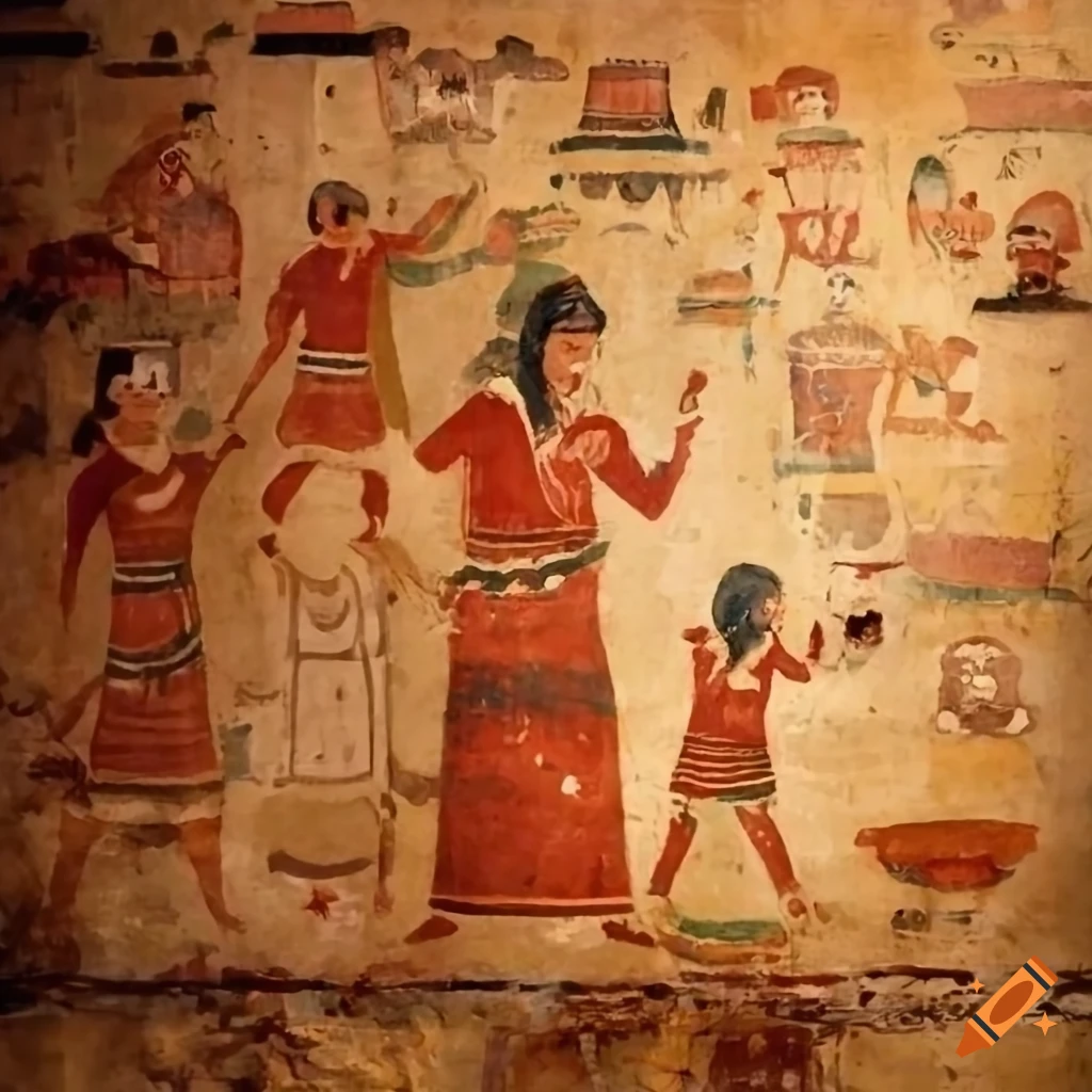 Ancient wall painting depicting a traditional family gathering on Craiyon