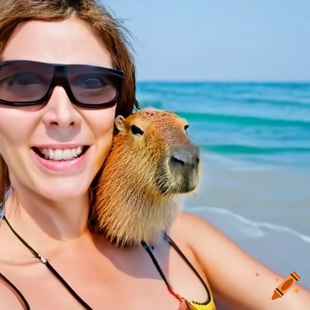 Women at the beach with a relaxed capybara on Craiyon